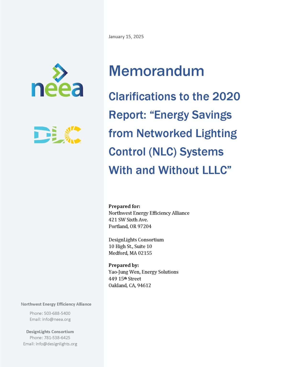 Memo: Clarifications to the 2020 Report: "Energy Savings from Networked Lighting Control (NLC ...
